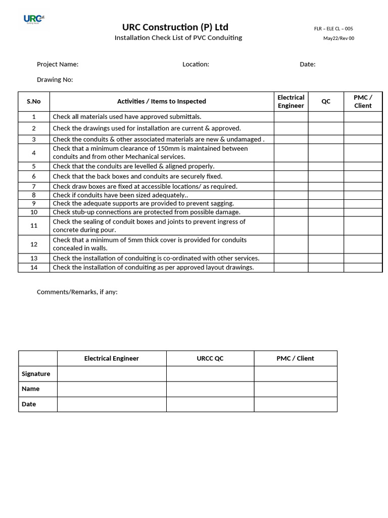 FLR - ELE CL - 005 Installation Check List of PVC Conduiting For Slab ...