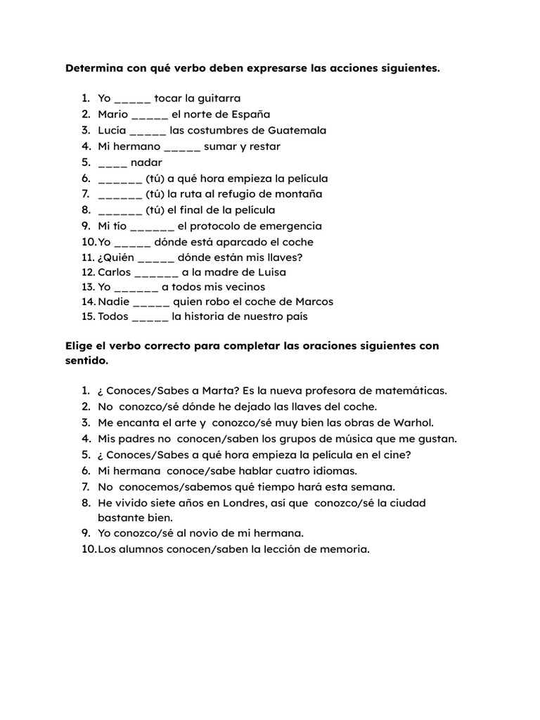 Ejercicios con los verbos Saber y Conocer | PDF