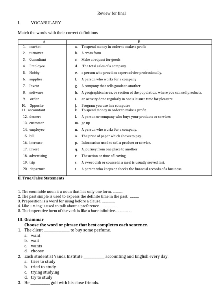 Review For Final (Y1, S1) | PDF