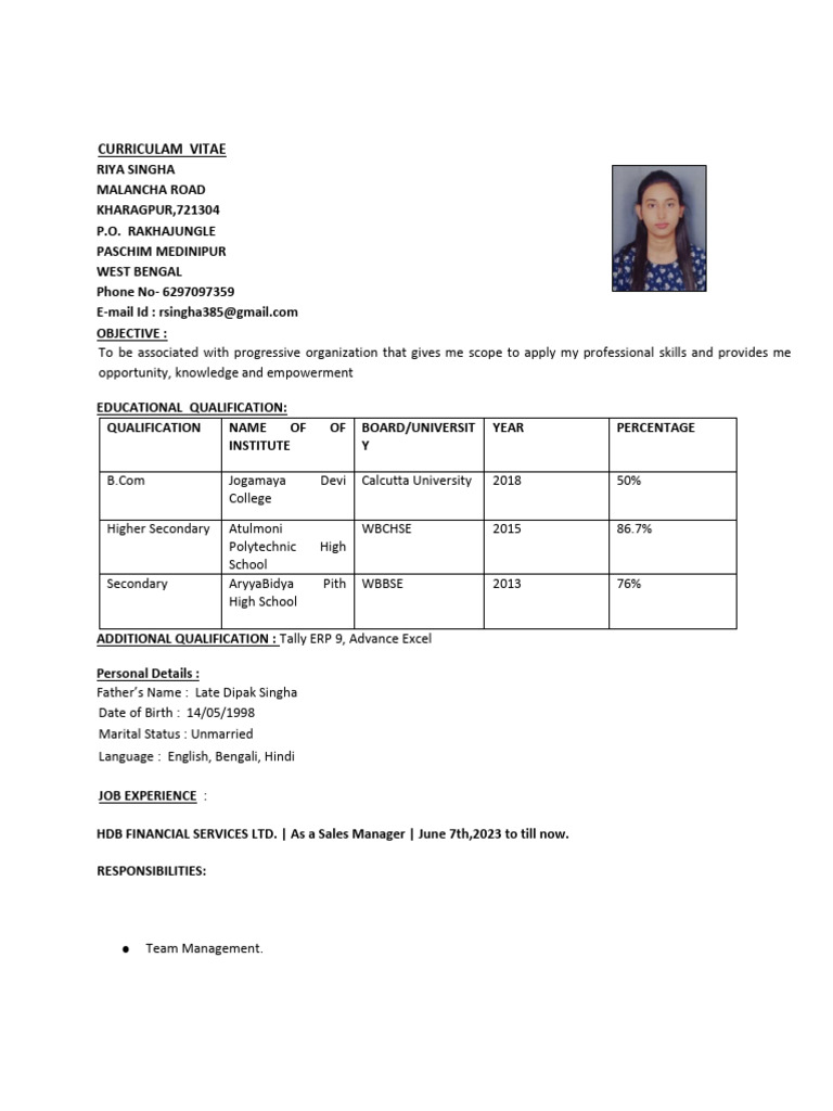 Curriculam Vitae: Father's Name: Late Dipak Singha | PDF