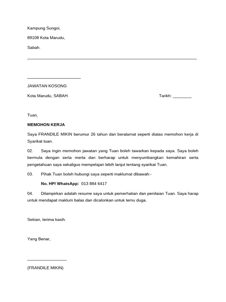 Surat Rasmi Memohon Kerja | PDF