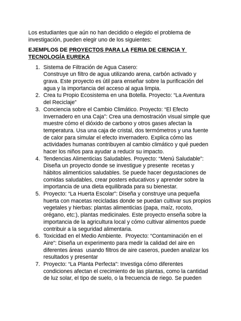 EJEMPLOS DE PROYECTOS EUREKA | PDF