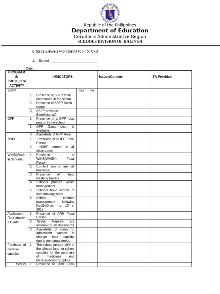 Brigada Eskwela Monitoring Tool For OKD | PDF | Medicine | Health Care