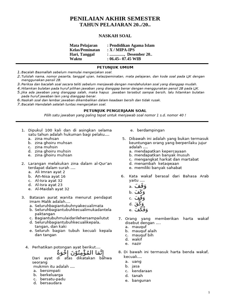 Soal PAS PAI Dan BP Kelas X | PDF