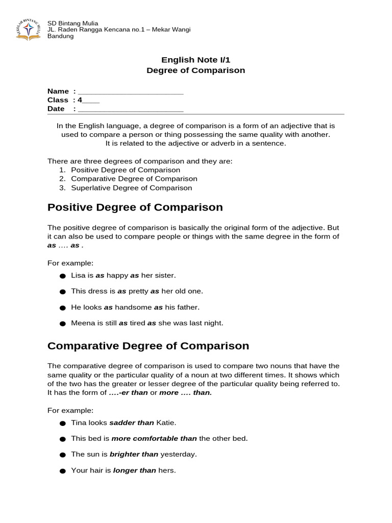 Note Degree of Comparison | PDF