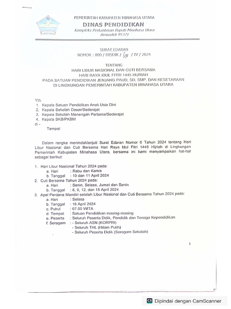 Surat Edaran Hari Libur Nasional Dan Cuti Bersama Hari Raya Idul Fitri ...