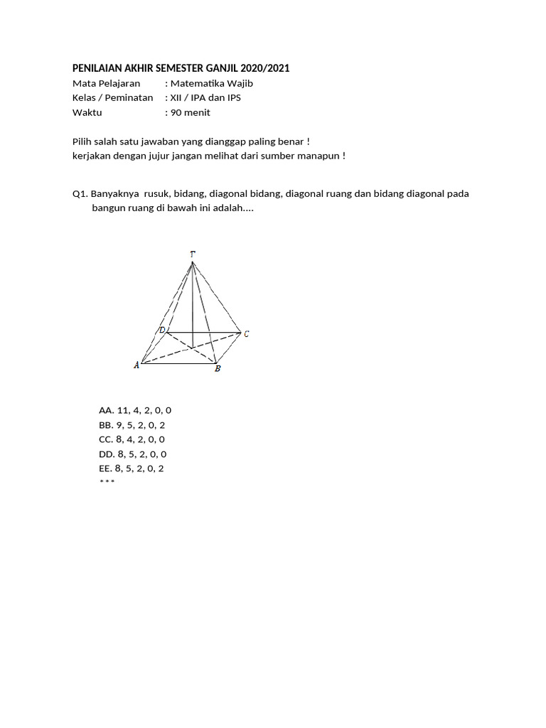 E Learning Soal PAS Ganjil MTK Wajib Xii 2021 | PDF