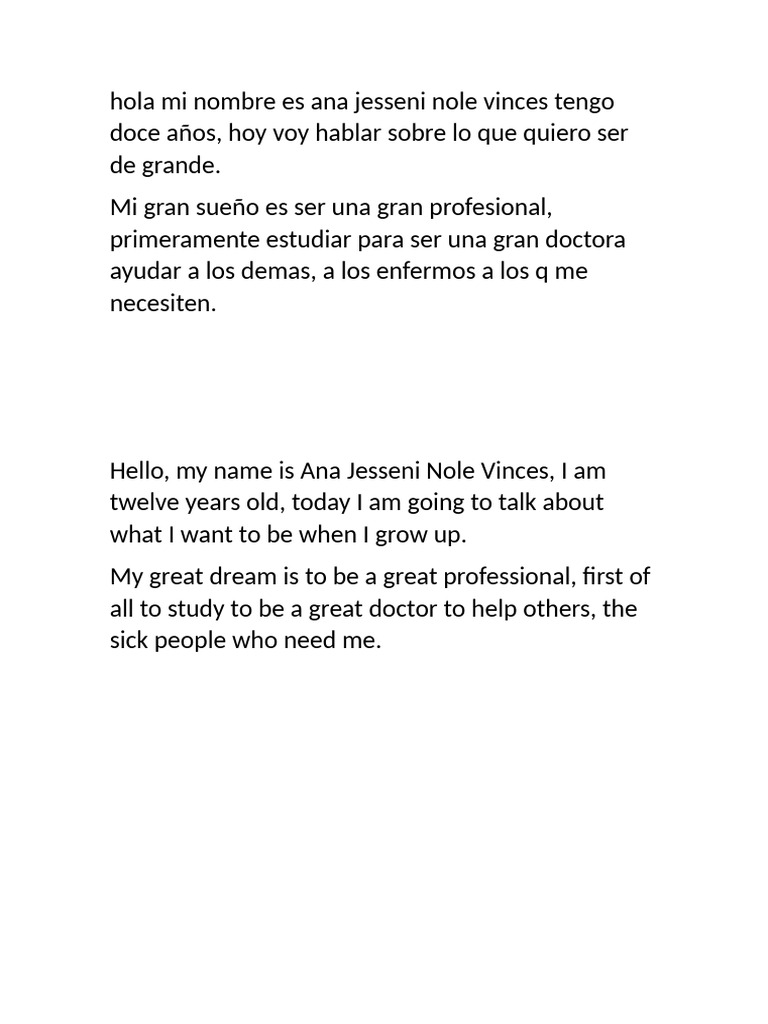 Hola Mi Nombre Es Ana Jesseni Nole Vinces Tengo Doce Años | PDF