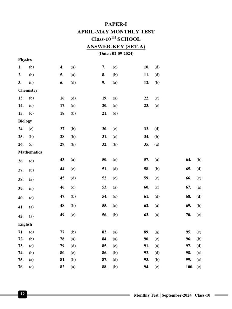 Monthly Test Paper Class-X (02!09!2024) (SET-A) Answer Key | PDF