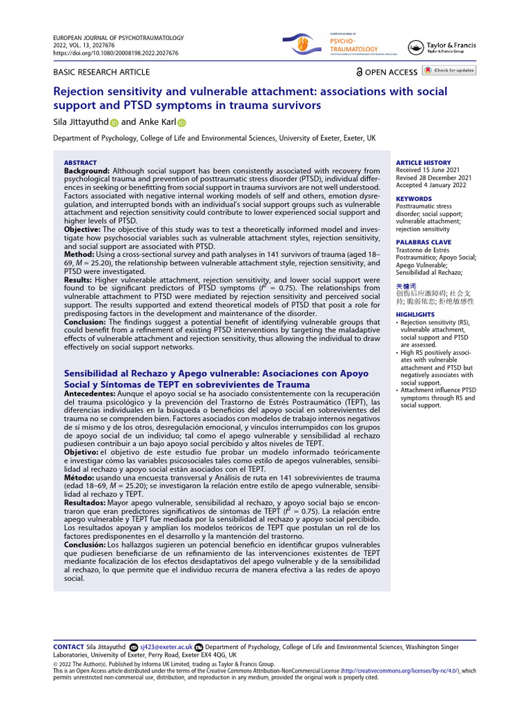 Rejection Sensitivity and Vuln | PDF