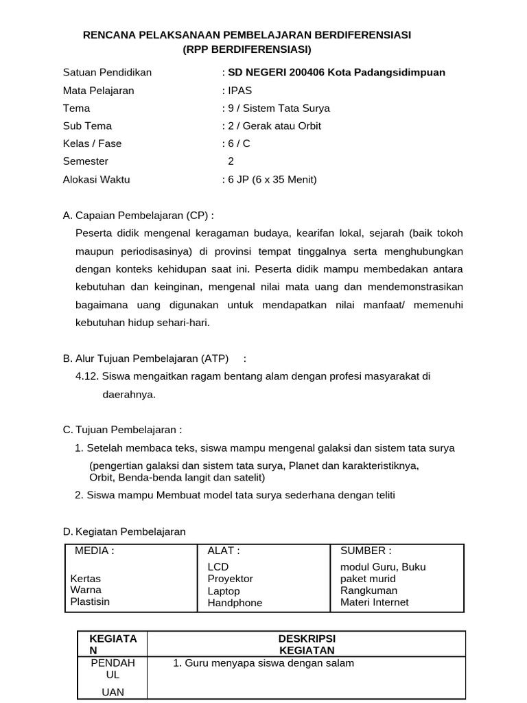 Contoh RPP Pemb. Berdiferensiasi | PDF