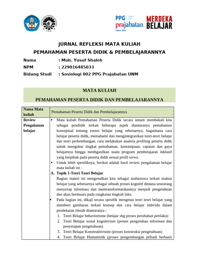SMT 1-MK 02-Pemahaman Peserta Didik & Pembelajarannya | PDF