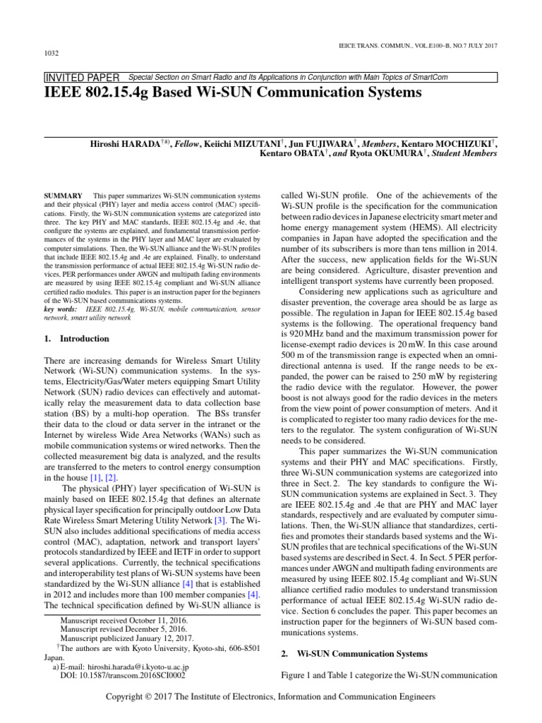 IEEE 802.15.4g Based Wi-SUN Communication Systems | PDF
