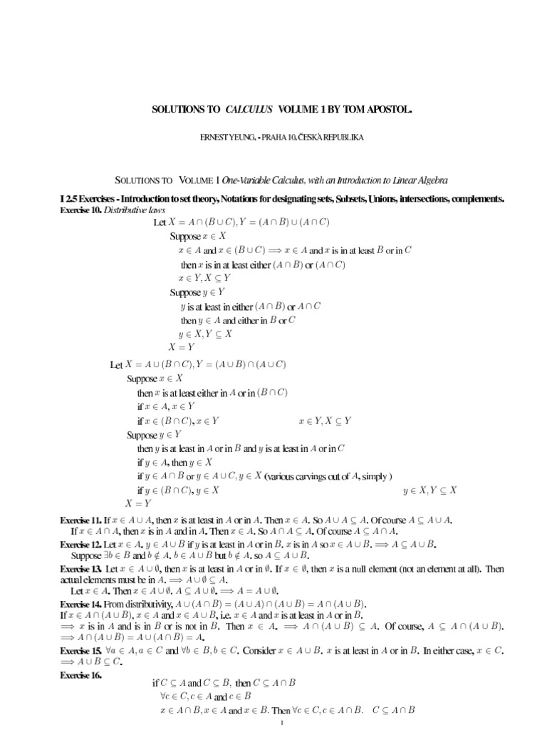 Mk 415 SolutionsToTomApostolCalculusVolume1 | PDF