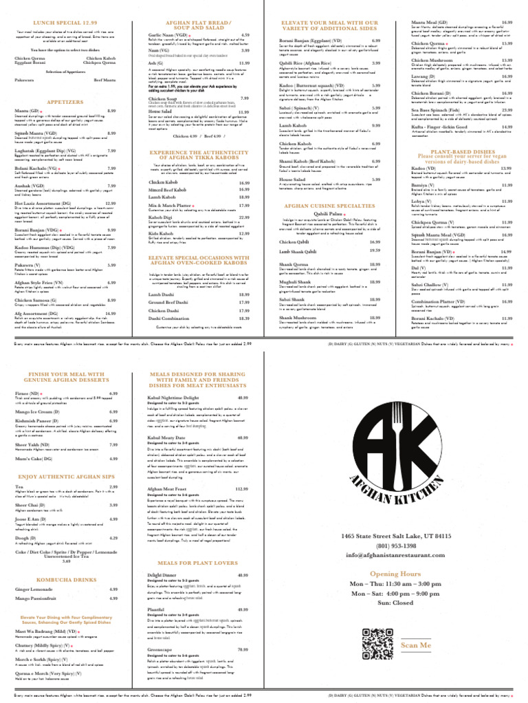 Afghan Kitchen Menu Highlights | PDF | Kebab | Foods