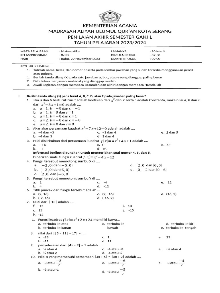 Soal Matematika Sma Kelas X 2023 2024 Pdf