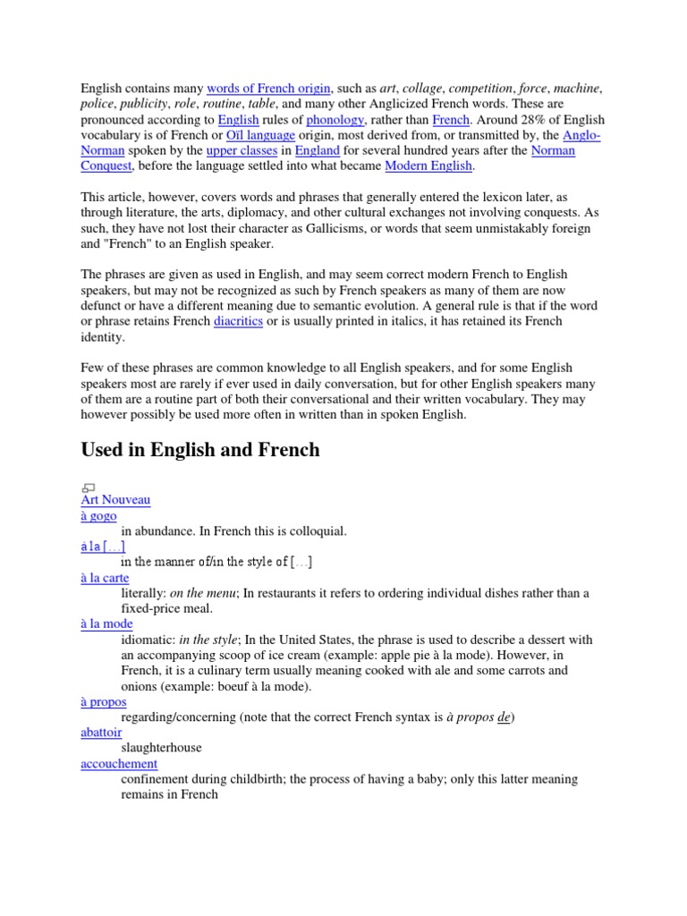 Used in English and French: Police, Publicity, Role, Routine, Table ...