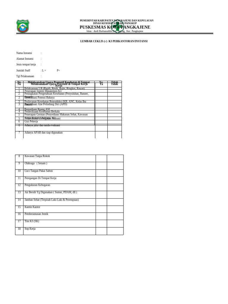 Lembar Ceklis K3 Perkantoran | PDF