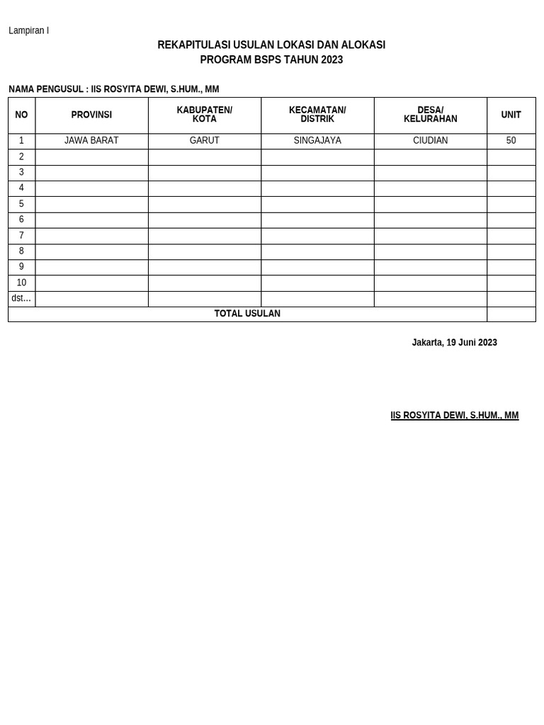 Usulan Bnba-Bsps 10 Unit - Iis Rosyita Dewi, 19 Juni 2023 Desa Lain | PDF