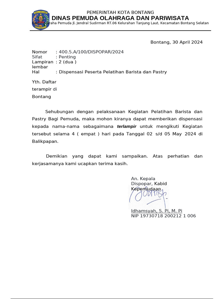 Dispensasi Peserta Barista Pastry | PDF