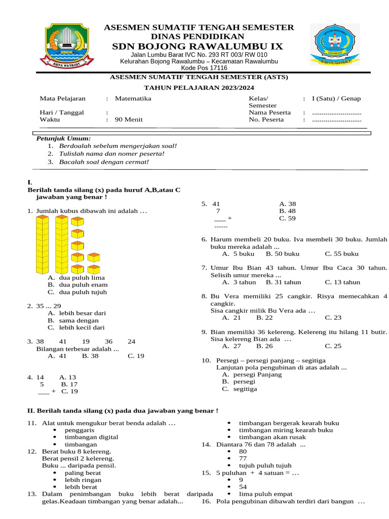 Kelas 1 Pts MTK Smt2 | PDF