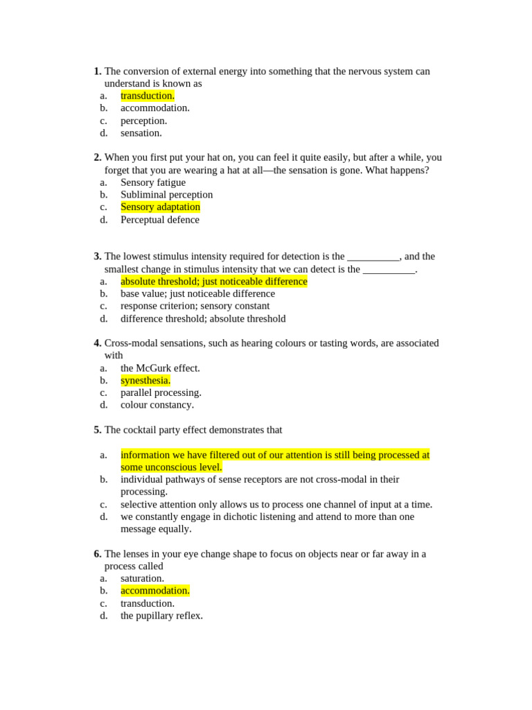 Practice Sensation and Perception | PDF