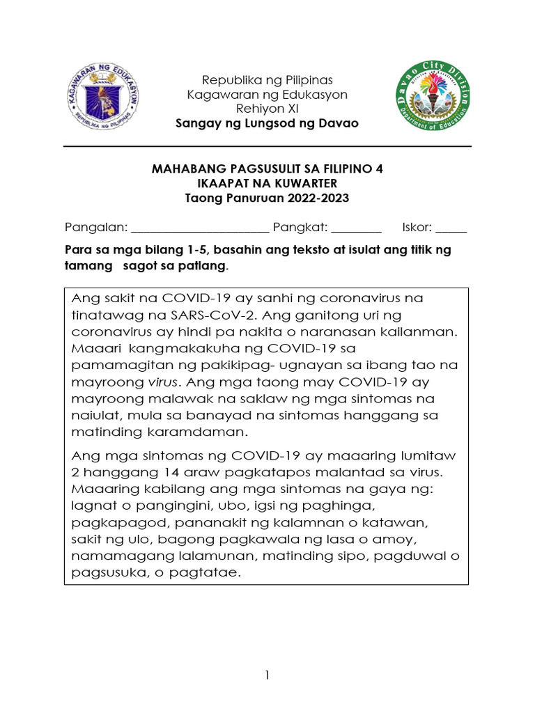 Quarterly Test - Q4 Filipino 4 | PDF