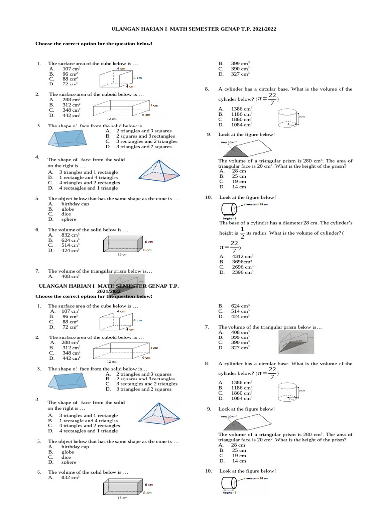 Ulangan Harian I Math Semester Genap T | PDF | Area | Volume