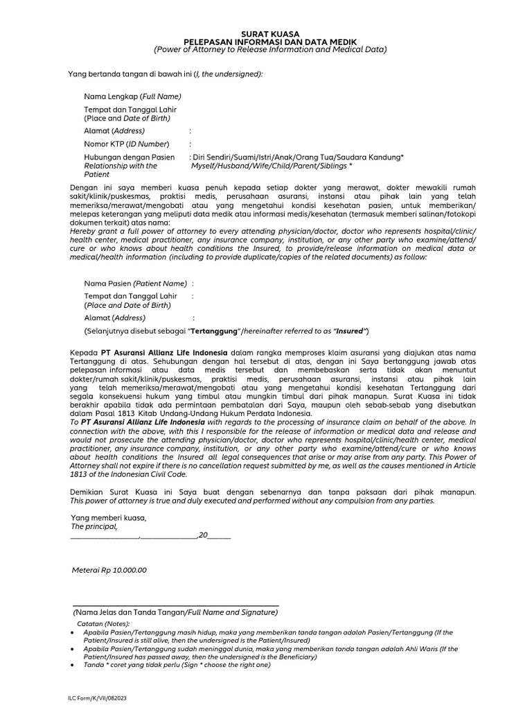 Surat-Kuasa-Pelepasan-Informasi-Dan-Data-Medik-Bilingual-K 202408 | PDF