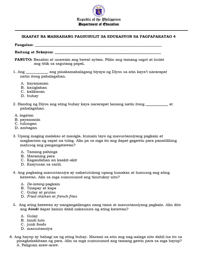 Quarterly Test - Q4 EsP 4 | PDF