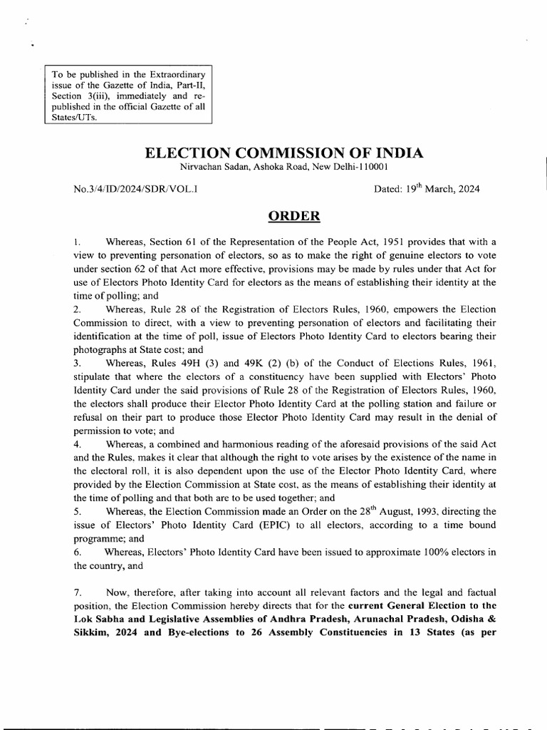ECI Order On ID Cards For Voting | PDF
