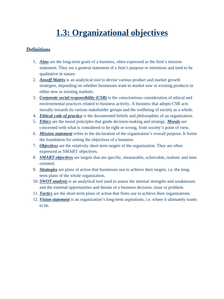 1.3 - Organizational Objectives | PDF | Corporate Social Responsibility ...
