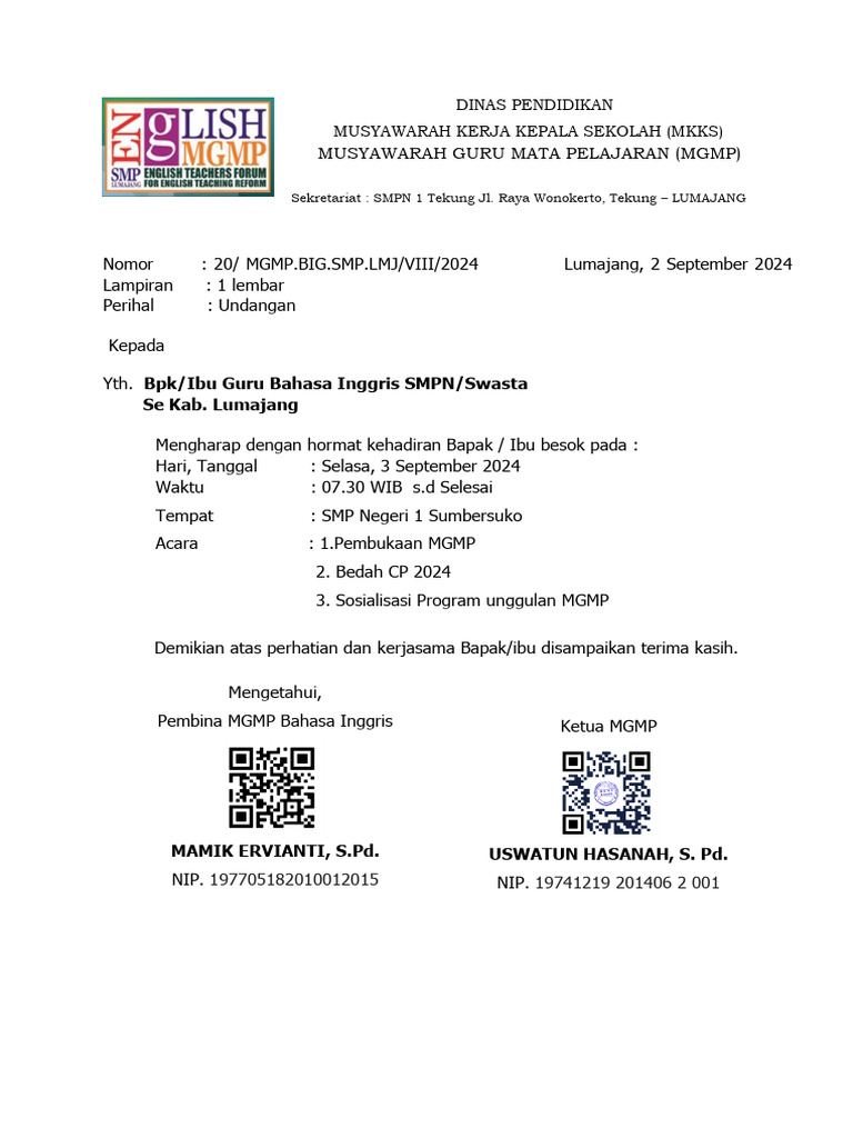Undangan MGMP 3 September 2024 | PDF