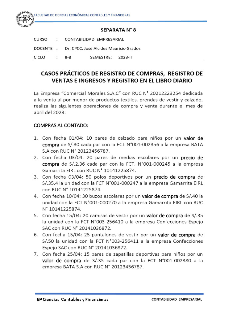 SEPARATA 8 - Casos Practicos de Registro de Compras y Ventas | PDF