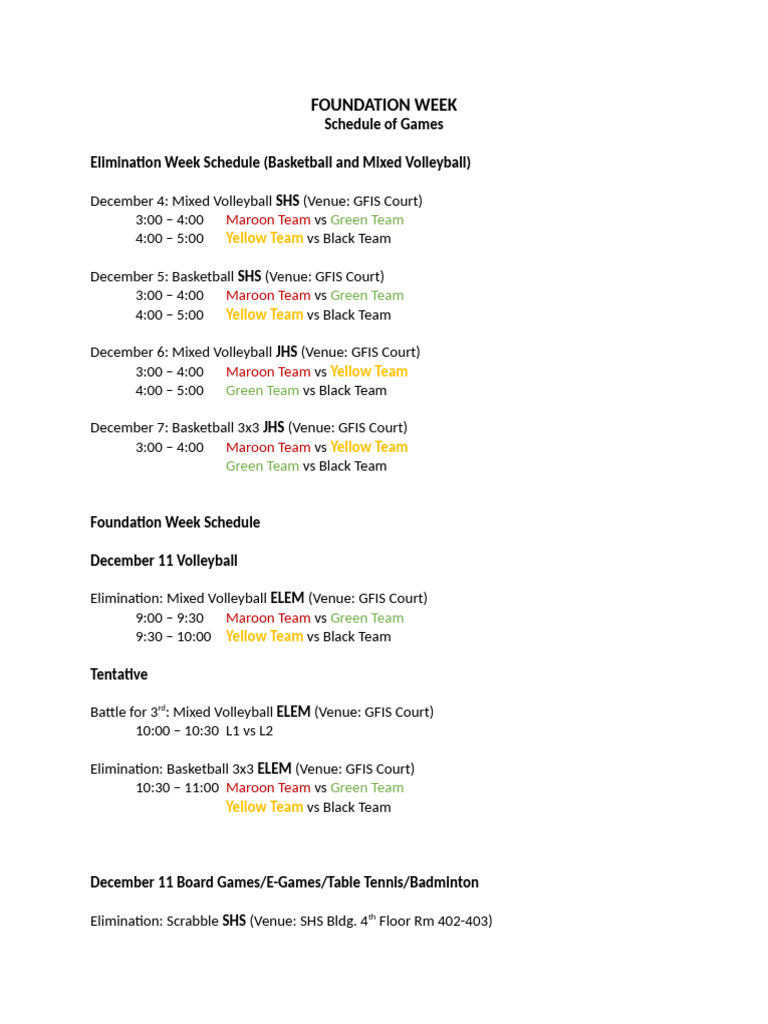 Foundation Week Game Schedule Revised | PDF | Sports | Summer Olympic ...