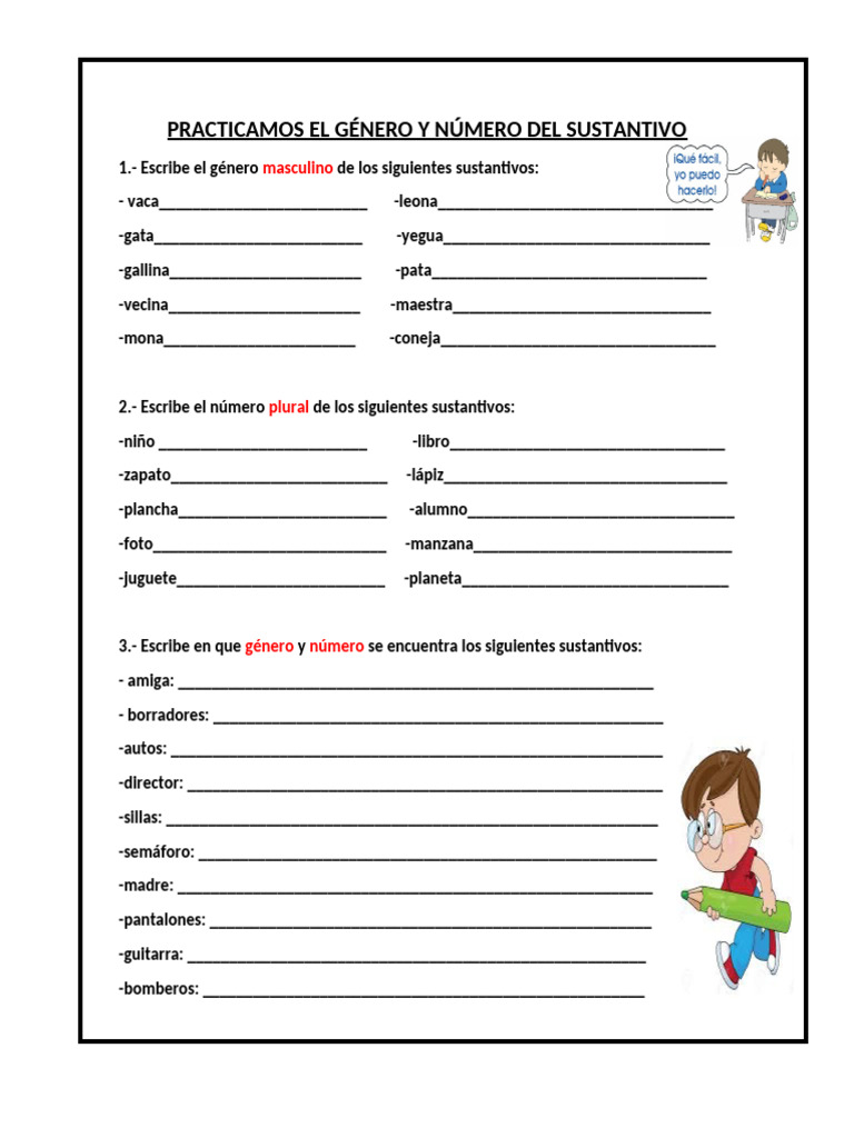 Practicamos El Género y Número Del Sustantivo | PDF