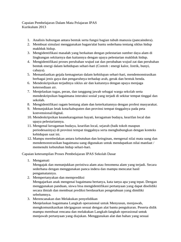 Capaian Pembelajaran Dalam Mata Pelajaran IPA | PDF