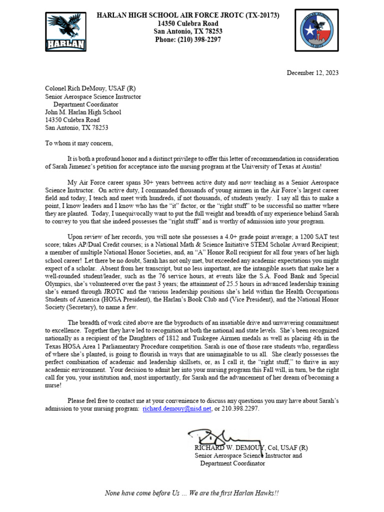 Sarah Jimenez Letter of Recommendation | PDF