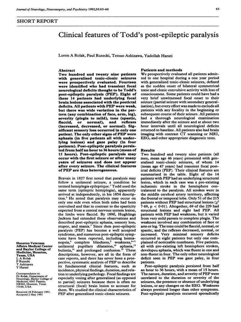 Clinical Features of Todd's Post Epilepticus Paralysis | PDF