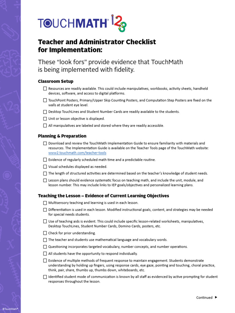 TouchMath Fidelity Checklist 03 21 | PDF | Mathematics | Teachers