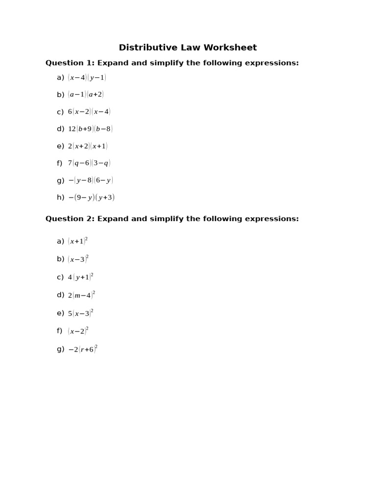 Distributive Law Worksheet | PDF