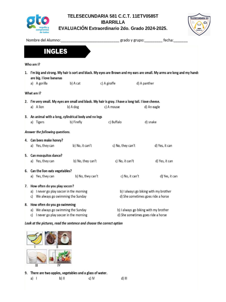 Examen Extraordinario Inglés 2do Grado | PDF