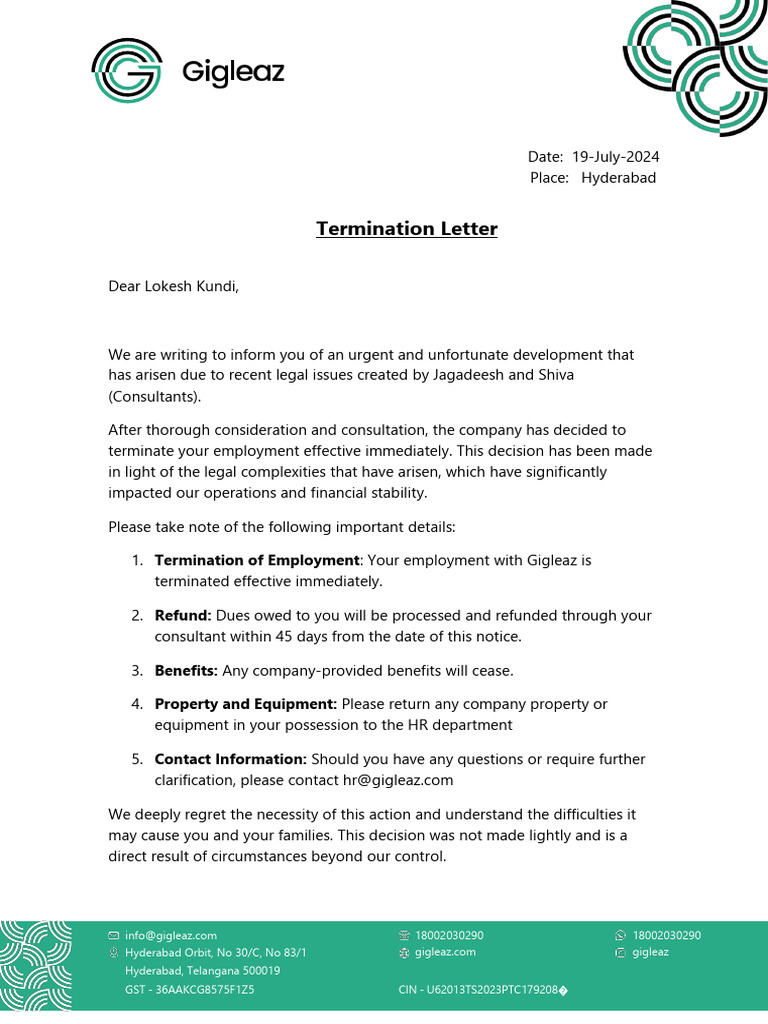 Lokesh Kundi Termination Letter | PDF