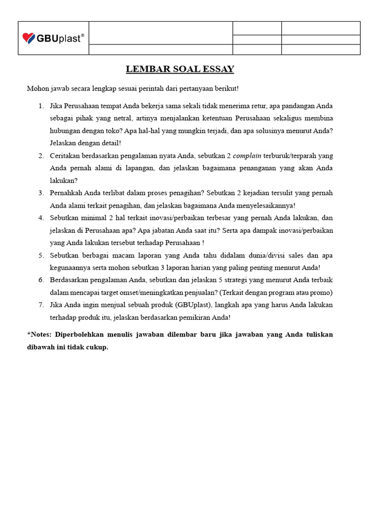 Lembar Soal Essay Sales | PDF