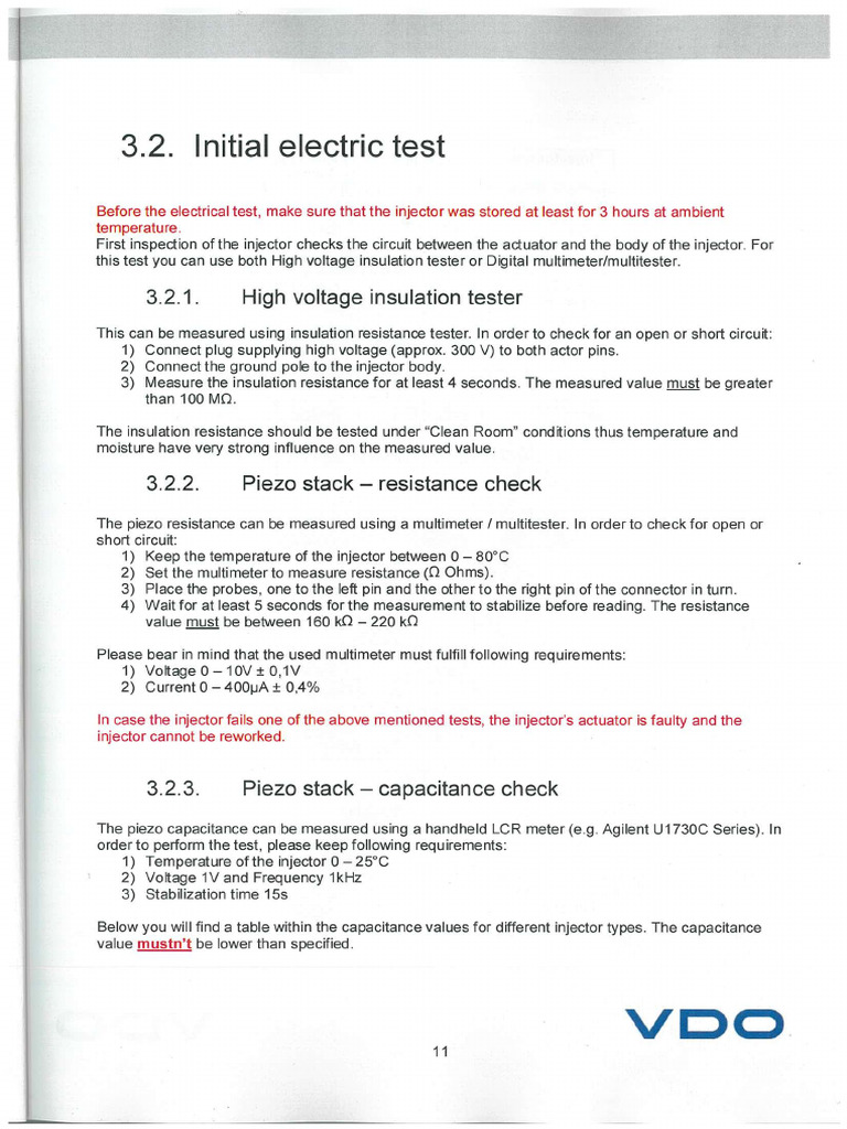 D0158 VDO Electrical Test - Insulation (MEGGA) + Resistance | PDF