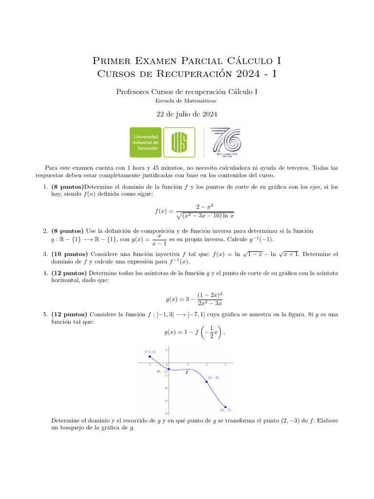 Primer Previo Cálculo I 2024 I Curso Recuperación | PDF