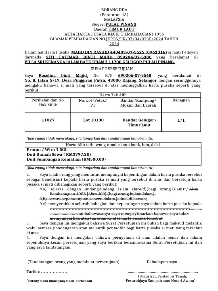 Borang Persetujuan - Borang DDA Roselina | PDF