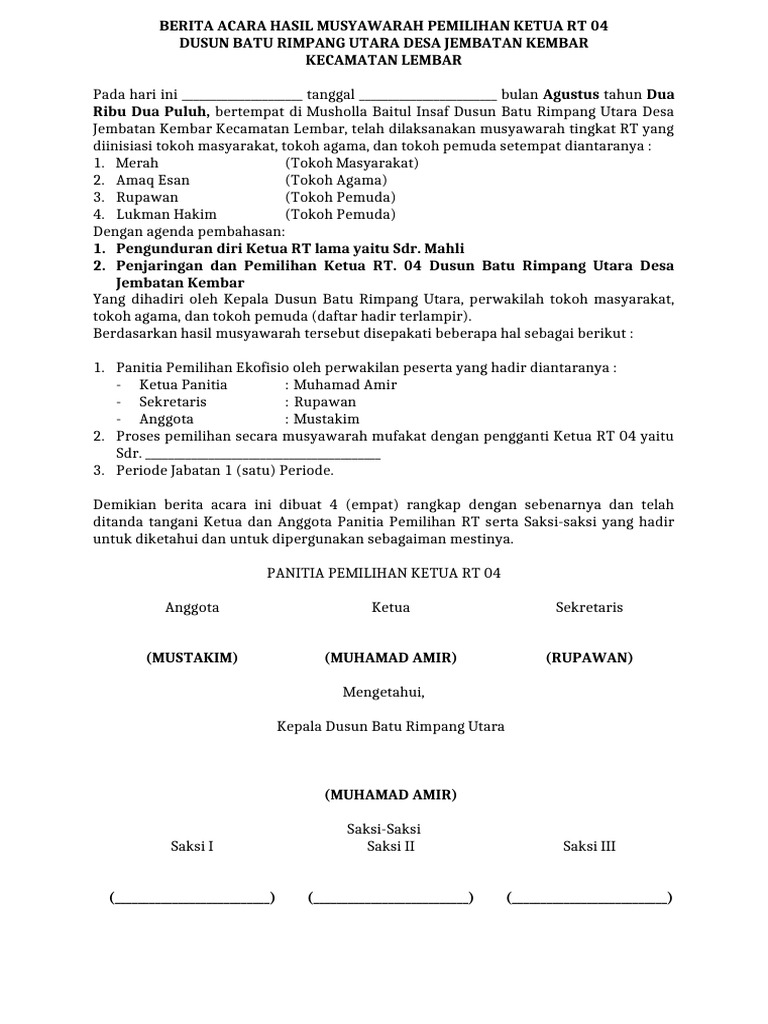 Berita Acara Hasil Musyawarah Pemilihan Ketua RT 04 | PDF