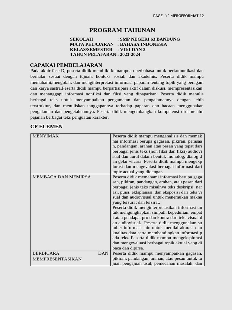 Program Tahunan Kelas 7 2022 - 2023 | PDF
