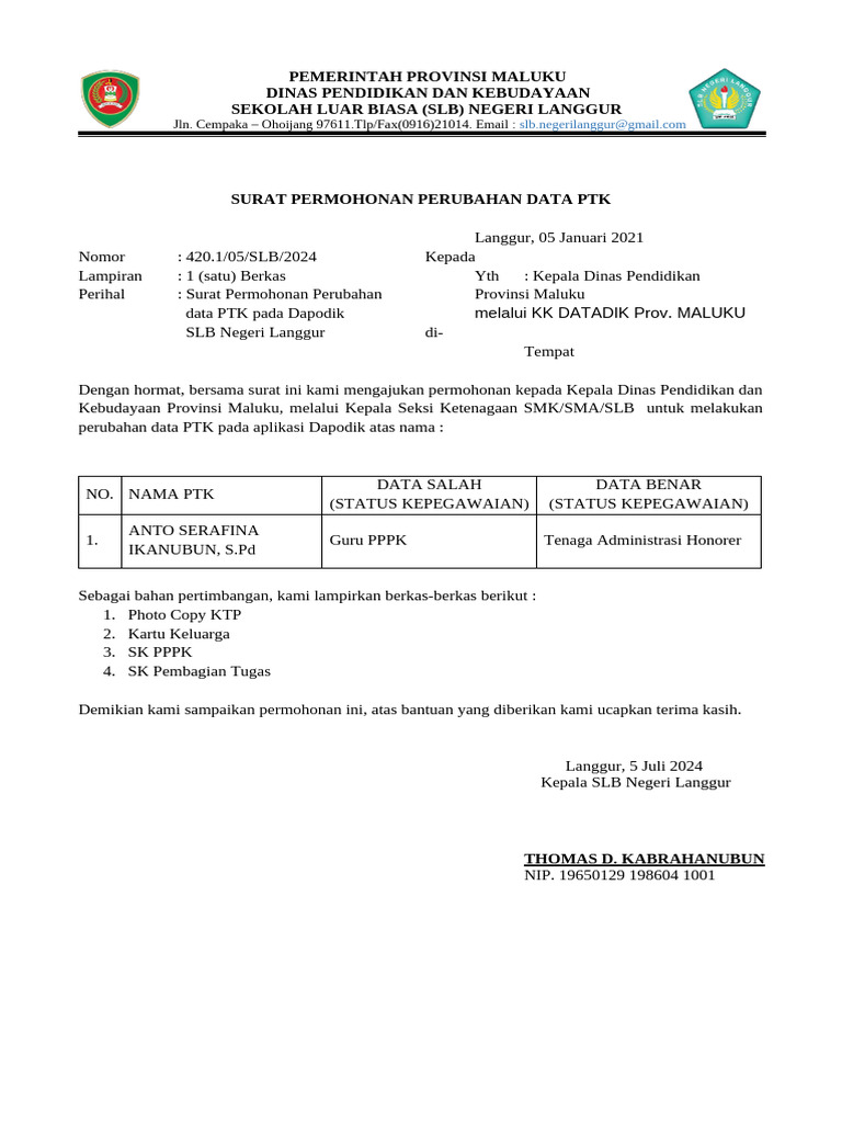 Contoh Surat Permohonan Perubahan Data PTK Di Dapodik 2020 | PDF
